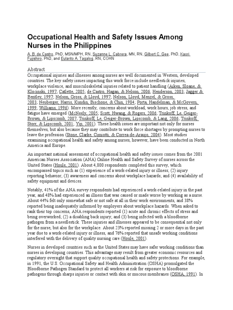 Occupational Health and Safety Issues Among Nurses in The Philippines ...
