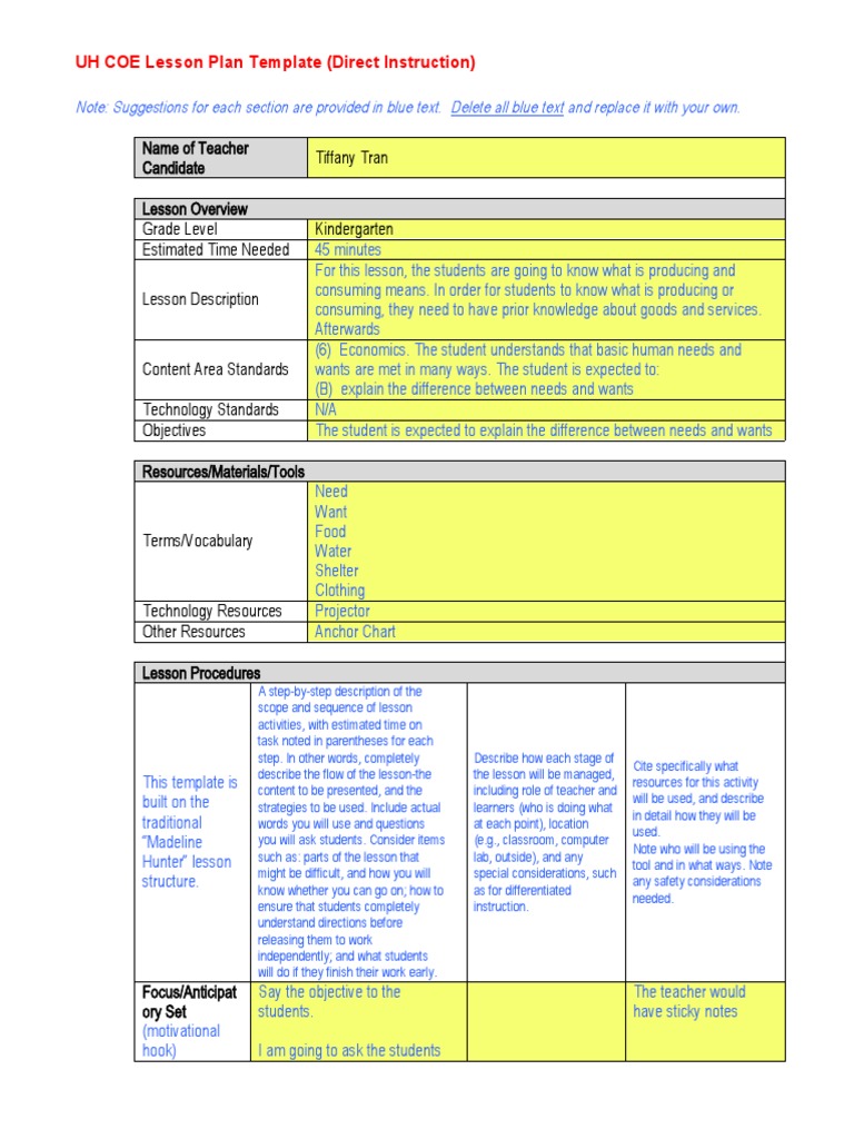 UH COE Lesson Plan Template (Direct Instruction) | PDF | Lesson Plan ...