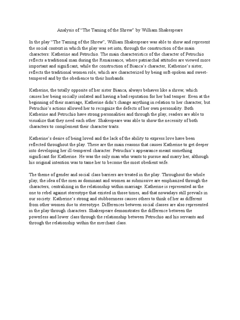 Analysis of "The Taming of The Shrew" by William Shakespeare | PDF ...
