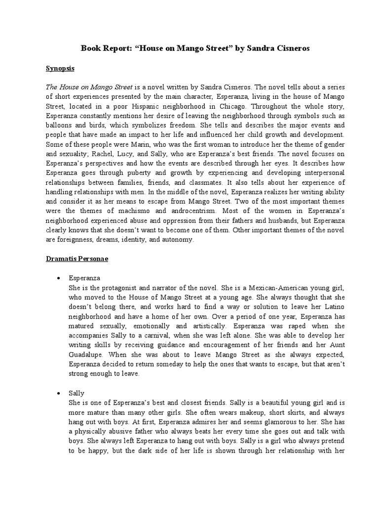 Book Report: "House On Mango Street" by Sandra Cisneros | PDF