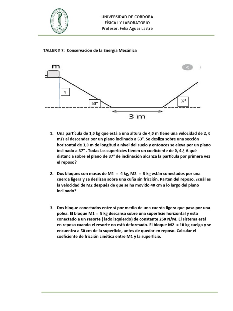 TALLER # 7. Conservación de La Energía Mecánica. | PDF
