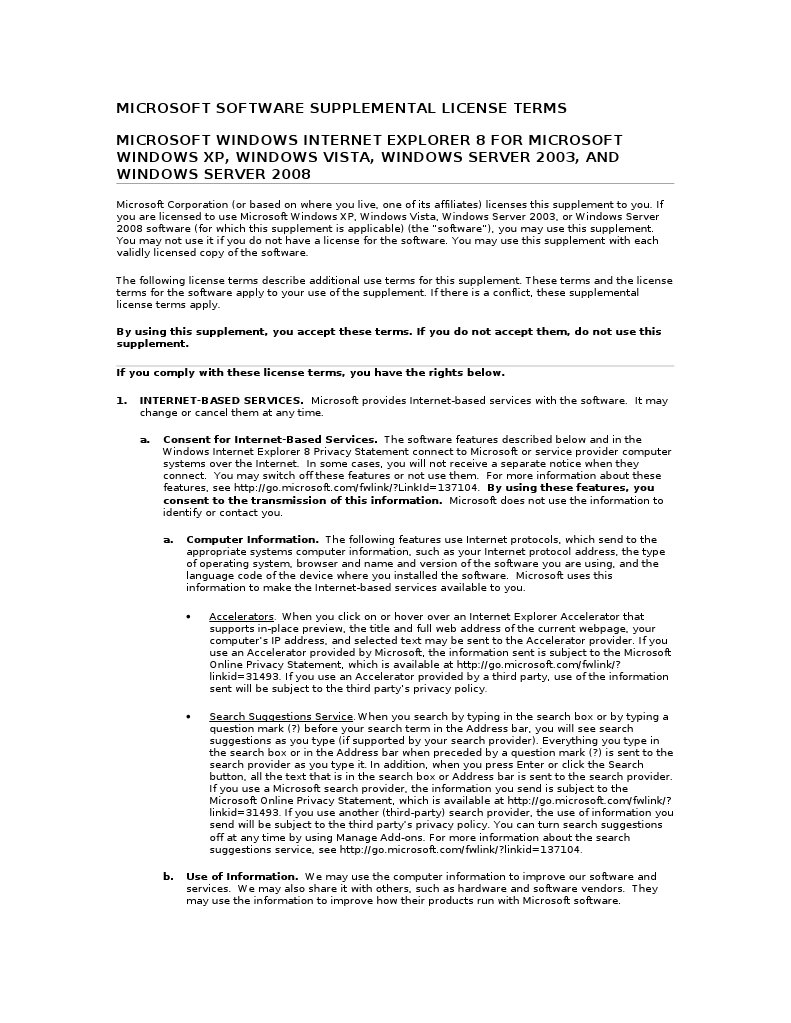 Microsoft IE8 Supplemental License Terms | PDF