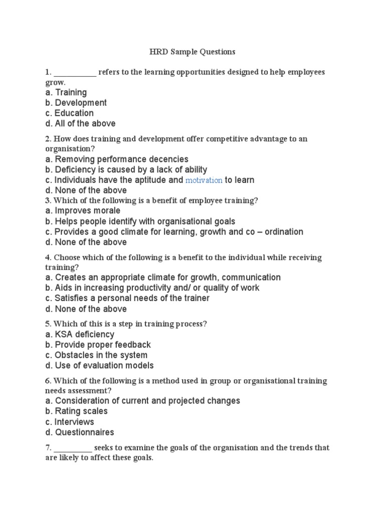 HRD Sample Questions Explained | PDF | Needs Assessment | Labour Economics