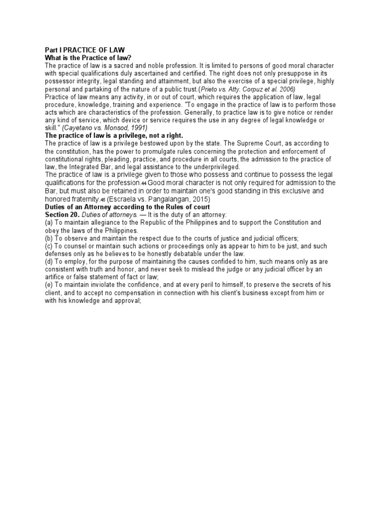 PALE - Part I PRACTICE OF LAW | PDF | Lawyer | Law School