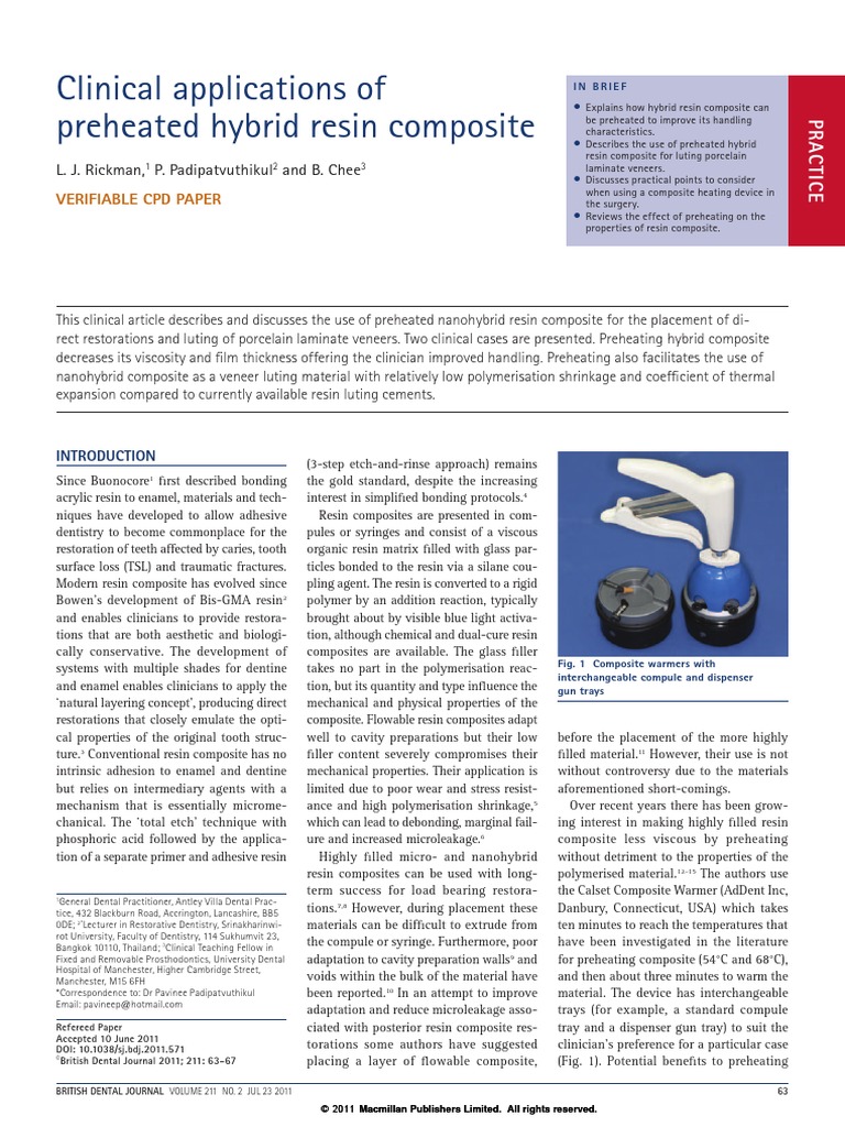 Clinical Applications of Preheated Hybrid Resin Composite: L. J ...