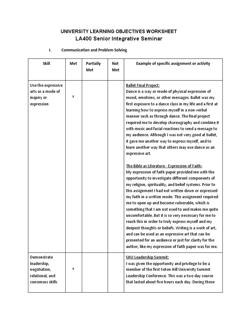 LA400 Senior Integrative Seminar: University Learning Objectives ...
