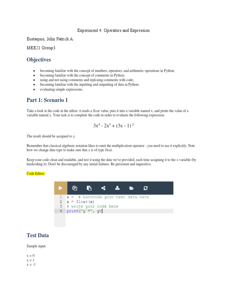 Objectives: Experiment 4: Operators and Expression Eustaquio, John Patrick A. MEE21 Group3 ...