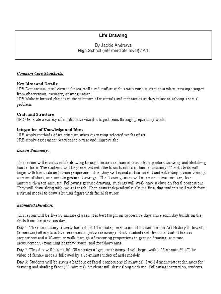 Life Drawing Lesson Plan | PDF | Figure Drawing | Drawing