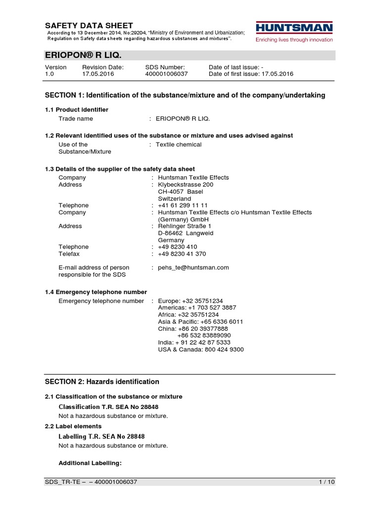Eriopon R Liq. MSDS | PDF | Toxicity | Dangerous Goods