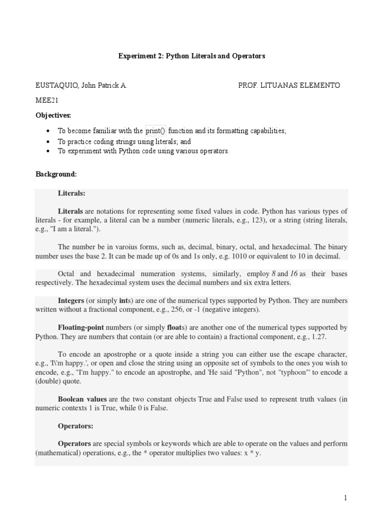 EUSTAQUIO, John Patrick A. Prof. Lituanas Elemento MEE21: Experiment 2: Python Literals and ...