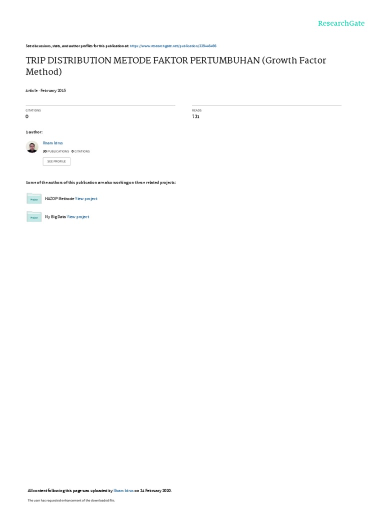 Trip Distribution Metode Faktor Pertumbuhan Makalah Ilham Idrus 2015 | PDF