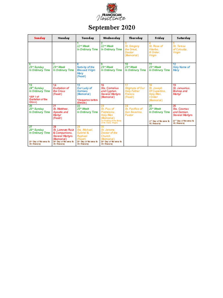 September-2020-Liturgical Calendar | PDF | Mary, Mother Of Jesus ...