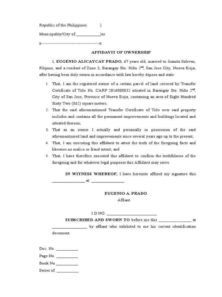 Affidavit of Ownership DPWH | PDF