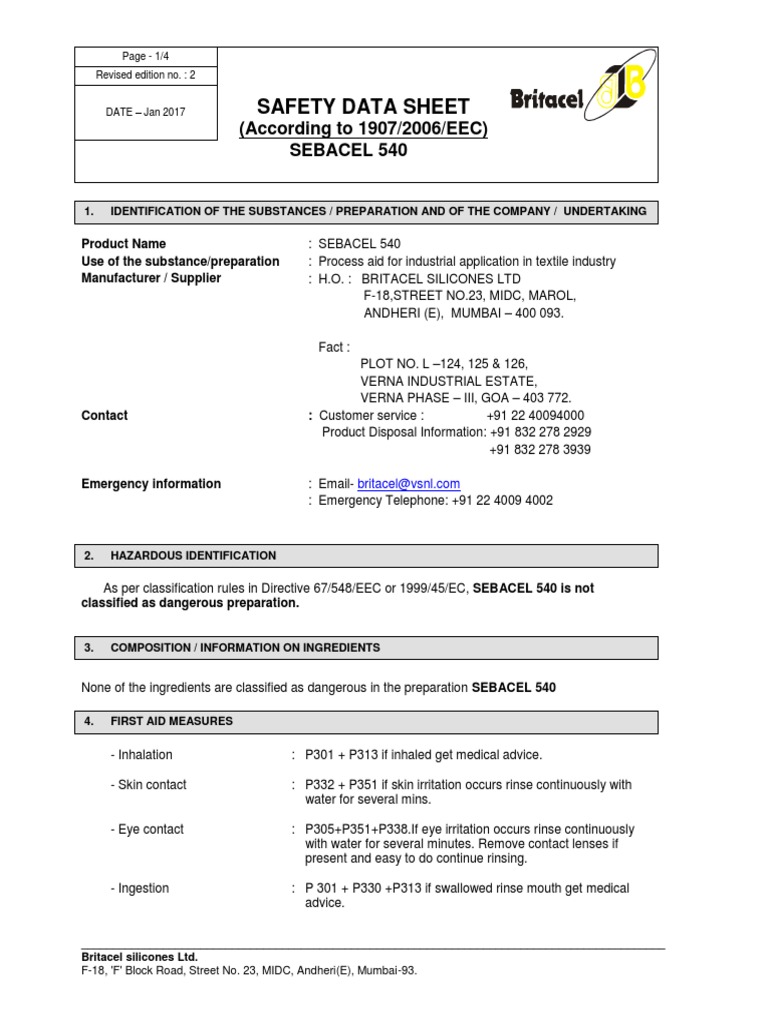 SEBACEL 540 Msds | PDF | Decomposition | Soil