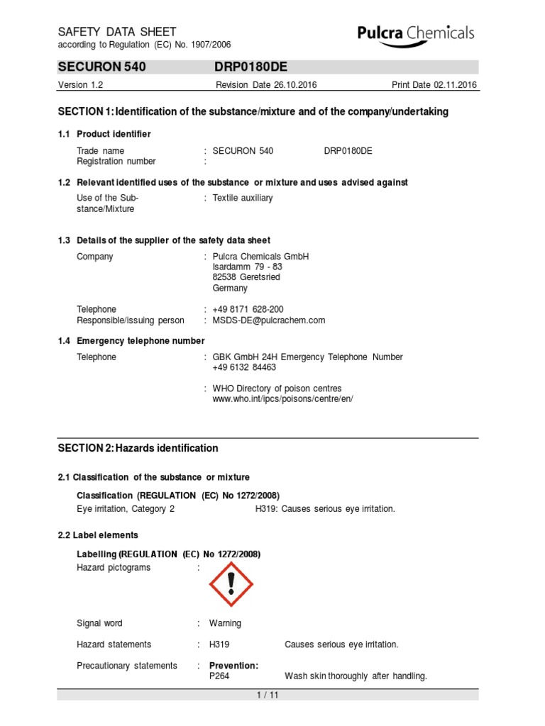 Securon 540-MSDS | PDF | Dangerous Goods | Toxicity