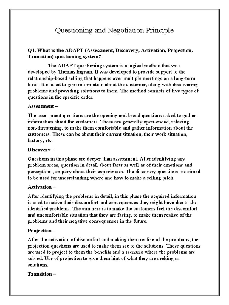 ADAPT Questioning & Principled Negotiation | PDF | Negotiation | Psychology