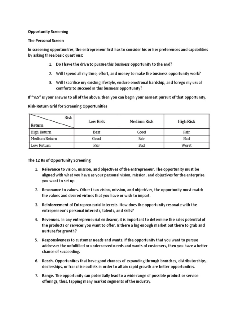 Opportunity Screening The Personal Screen | PDF | Entrepreneurship | Risk