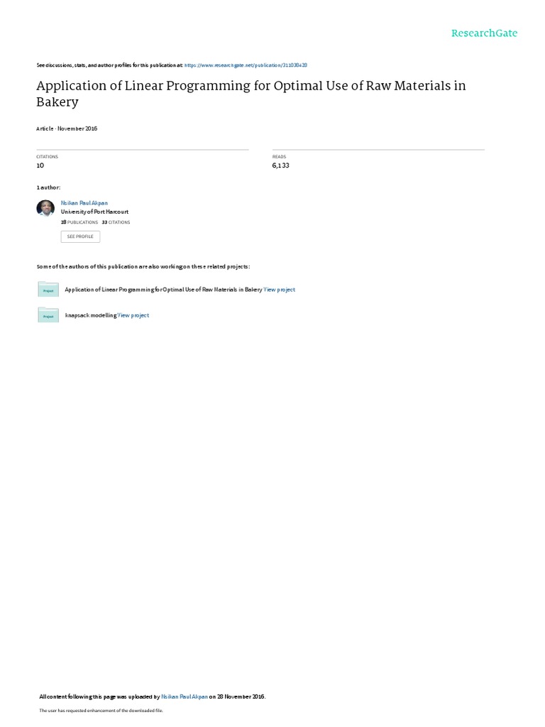 Application of Linear Programming For Optimal Use of Raw Materials in Bakery | PDF | Linear ...