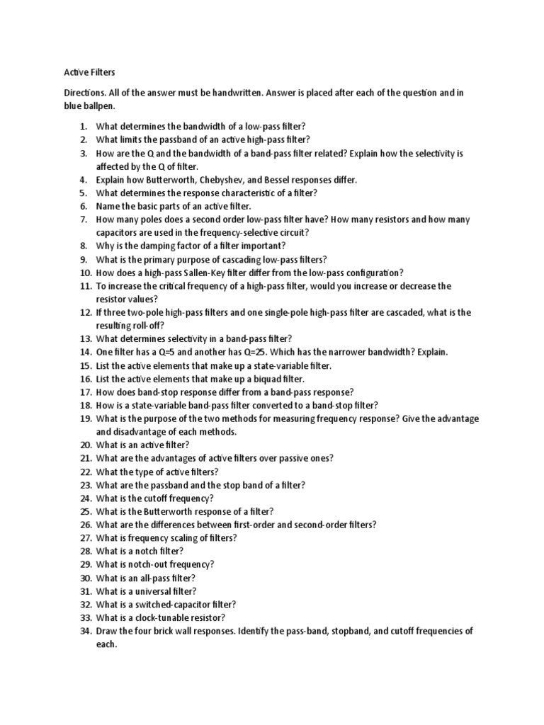 Active Filters Questions | PDF | Electronic Filter | Low Pass Filter