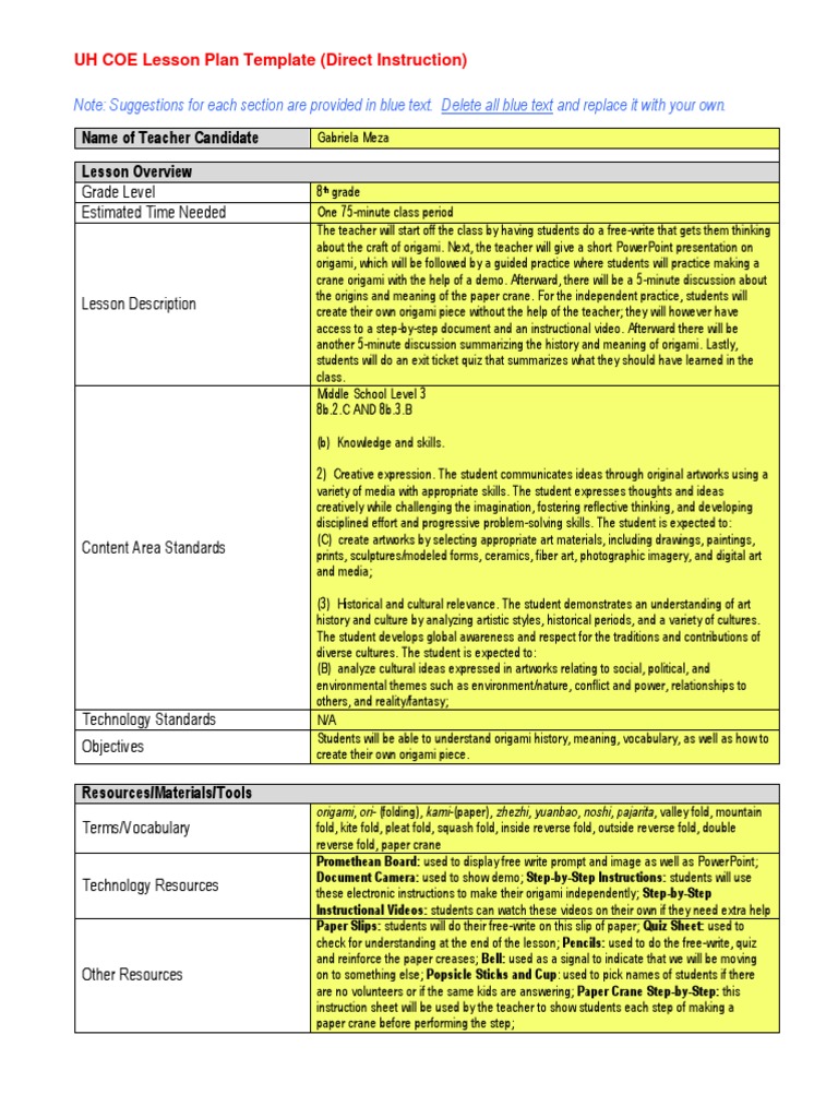 Origami Revised Lesson Plan-Direct Instruction | PDF | Origami | Differentiated Instruction