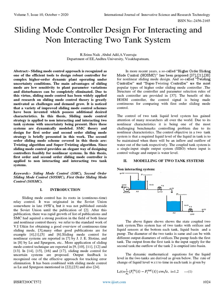 Sliding Mode Controller Design For Interacting and Non Interacting Two Tank System | PDF ...