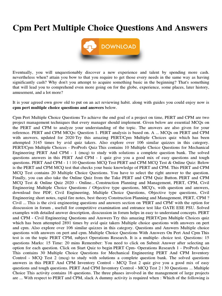 CPM Pert Multiple Choice Questions and Answers | Download Free PDF | Multiple Choice | Quiz