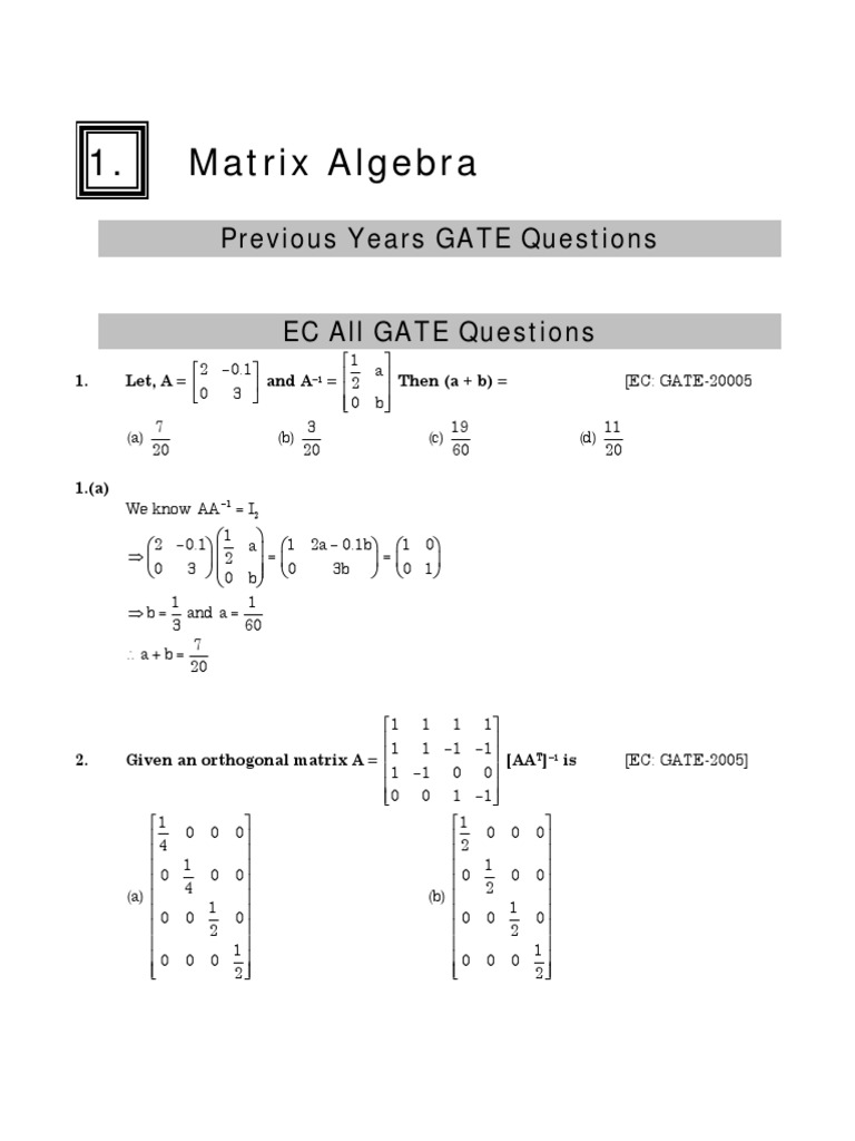 Matrix Algebra: Previous Years GATE Questions EC All GATE Questions | PDF | Eigenvalues And ...