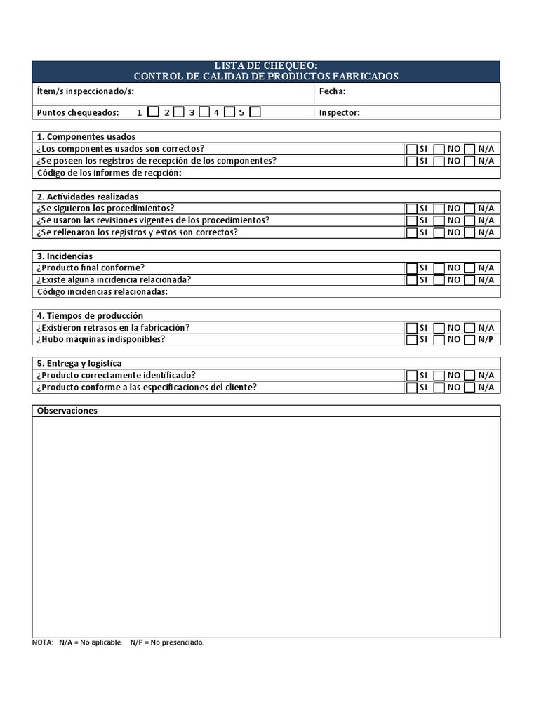 Lista de Chequeo: Control de Calidad de Productos Fabricados | PDF
