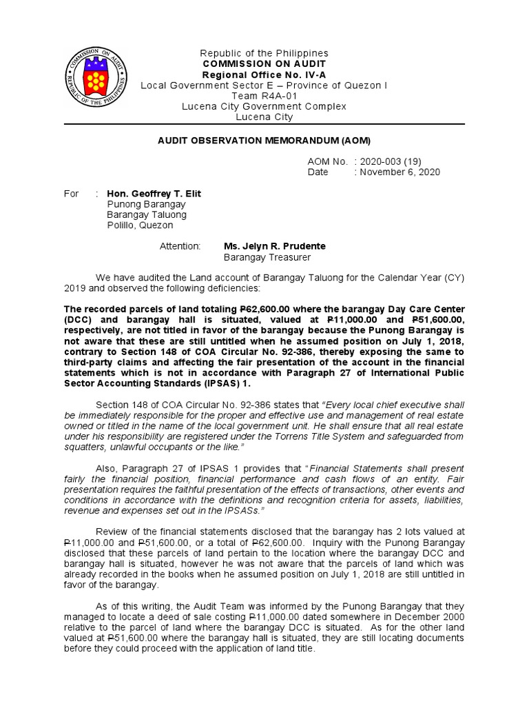 AOM 2020-003 (19) Taluong Polillo Land | PDF | Audit | Financial Statement