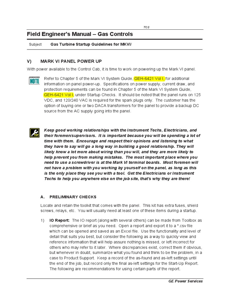 Field Engineer's Manual - Gas Controls: V) Mark Vi Panel Power Up | PDF ...