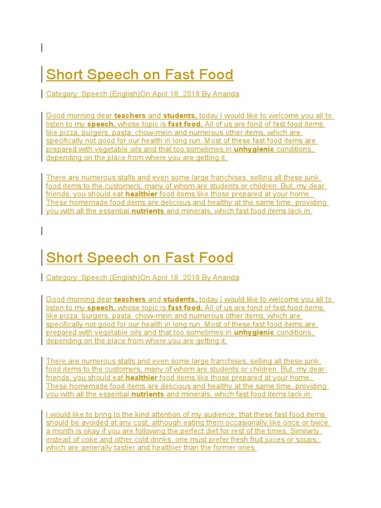 Short Speech On Fast Food | PDF | Fast Food | Healthy Diet