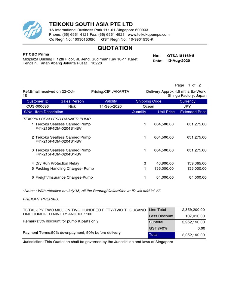 Quotation: Teikoku South Asia Pte LTD | PDF | Market (Economics) | Business Law