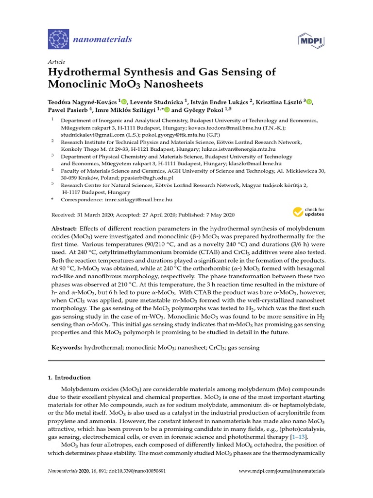 Hydrothermal Synthesis and Gas Sensing of Monoclin PDF | PDF | X Ray ...