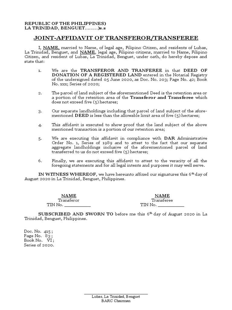 Joint-Affidavit of Transferor/Transferee: Republic of The Philippines ...