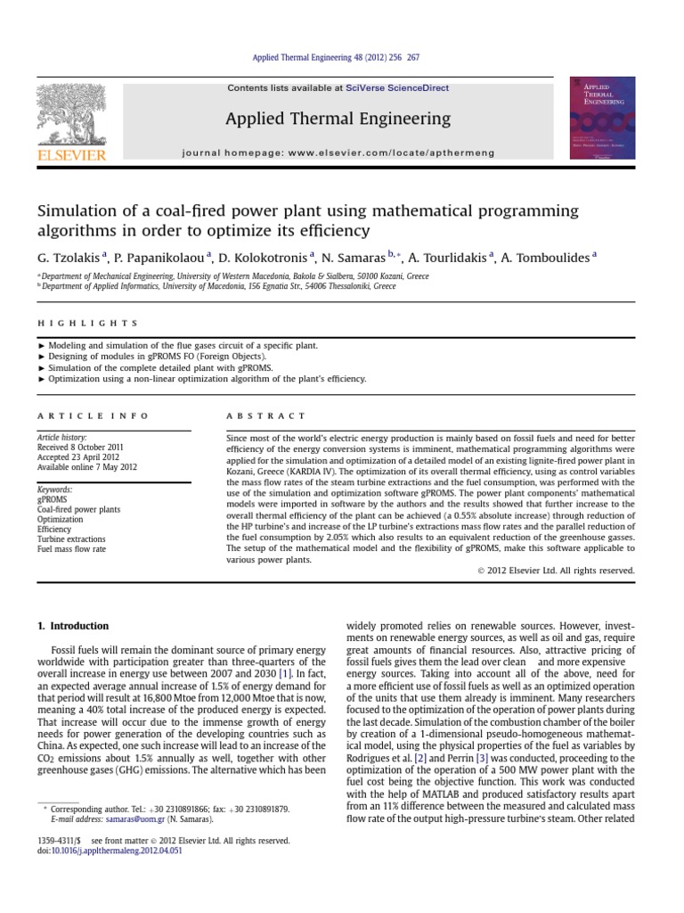 Tzolakis, G., Papanikolaou Simulation of A Coal-Fired Power Plant Using Mathematical Programming ...