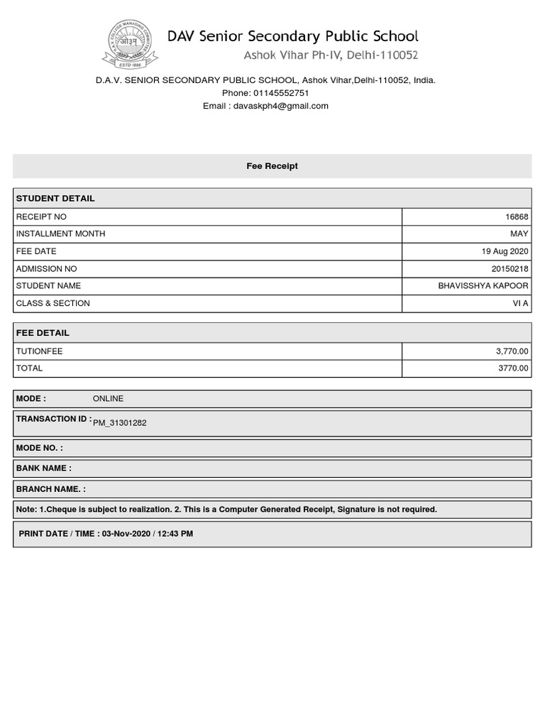 DAV Ashok Vihar Fee Receipt Details | PDF