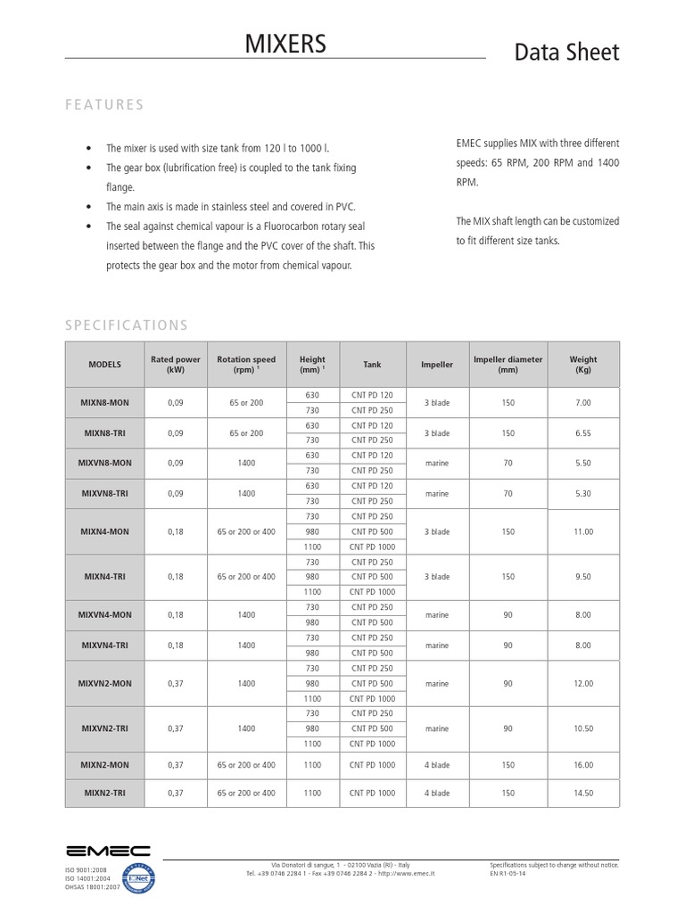 Mixers: Data Sheet | PDF | Manufactured Goods | Mechanical Engineering