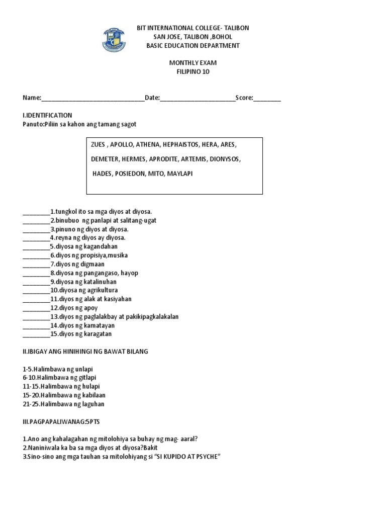 Filipino 10 Monthly Exam (July 2019) | PDF