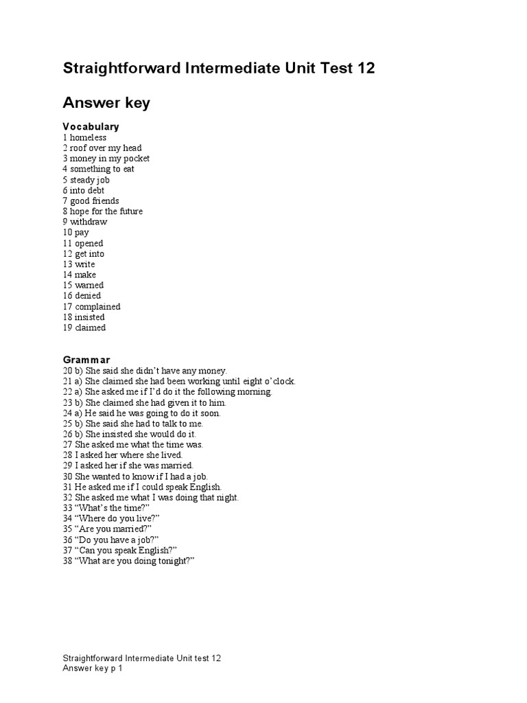 Straightforward Intermediate Unit Test 12 Answer Key: Vocabulary | PDF