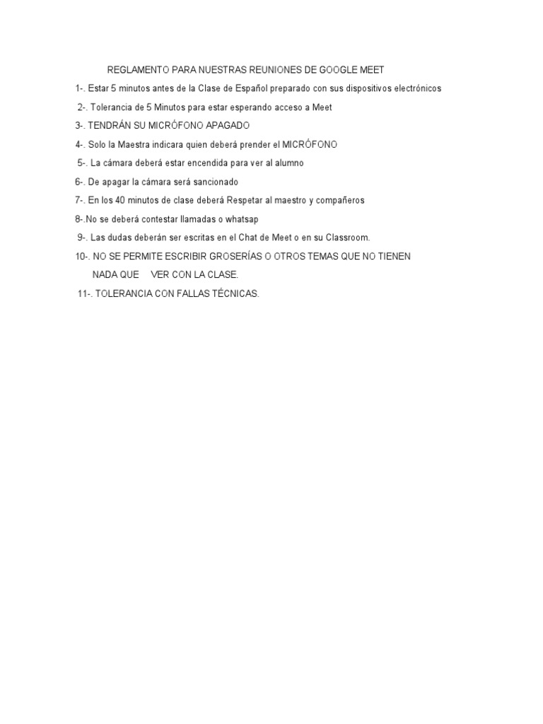 Reglamento para Clases en Google Meet | PDF