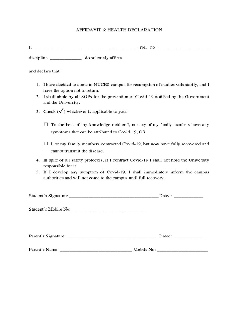 Affidavit Health Declaration Covid-19 | PDF