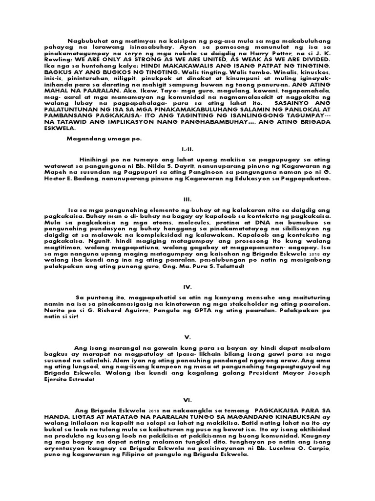 Script - Opening Brigada Eskwela | PDF