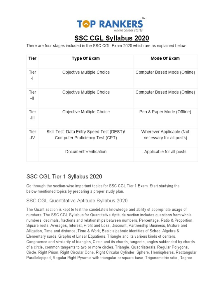 SSC CGL Syllabus 2020: Tier Type of Exam Mode of Exam | PDF | Economics ...