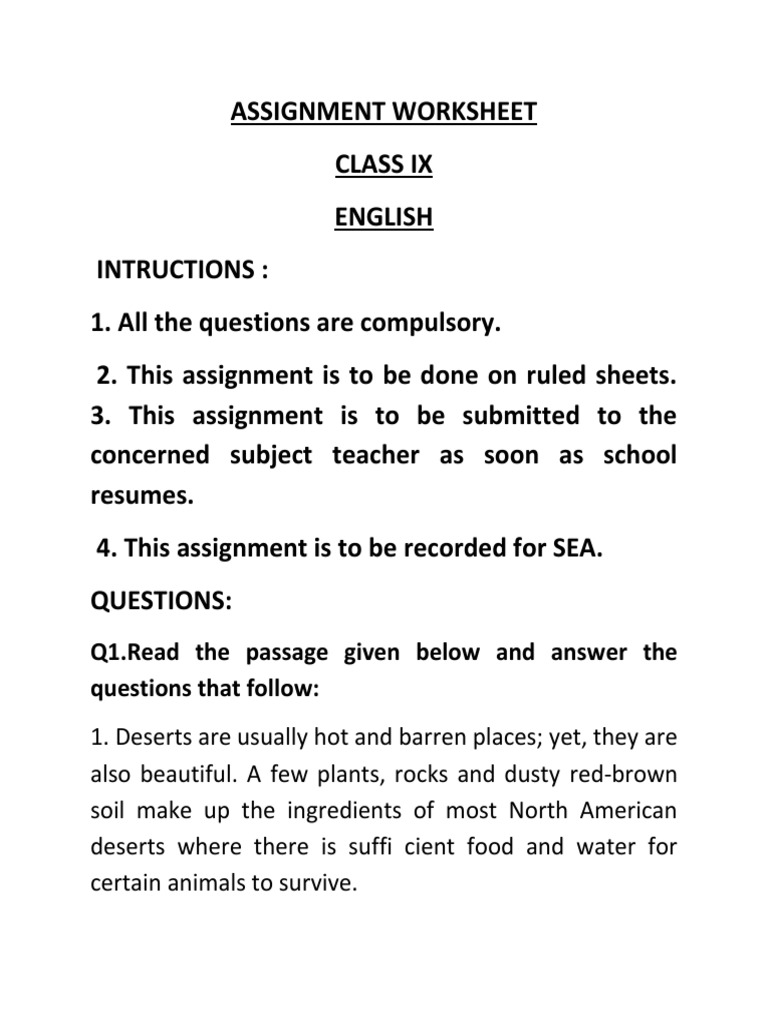 ASSIGNMENT WORKSHEET CLASS IX by ANUBHA | PDF | Desert | Sahara