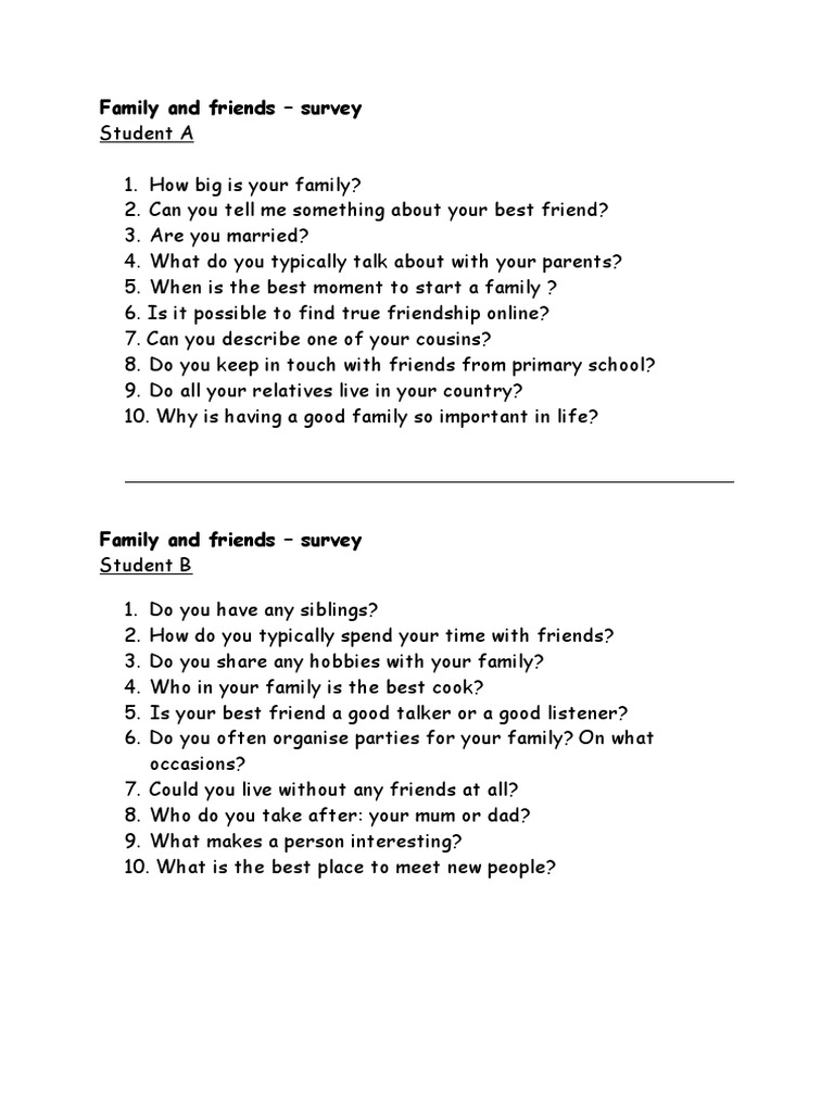 Family and Friends Class Survey Conversation Topics Dialogs Icebreakers ...
