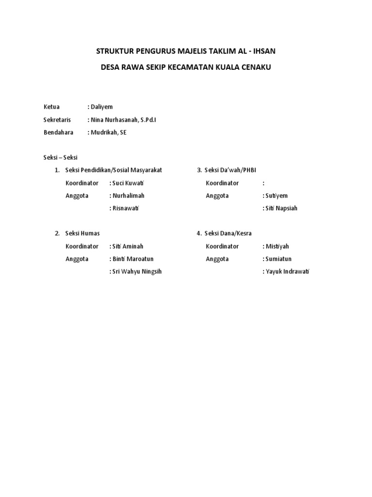 Struktur Pengurus Majelis Taklim Al | PDF