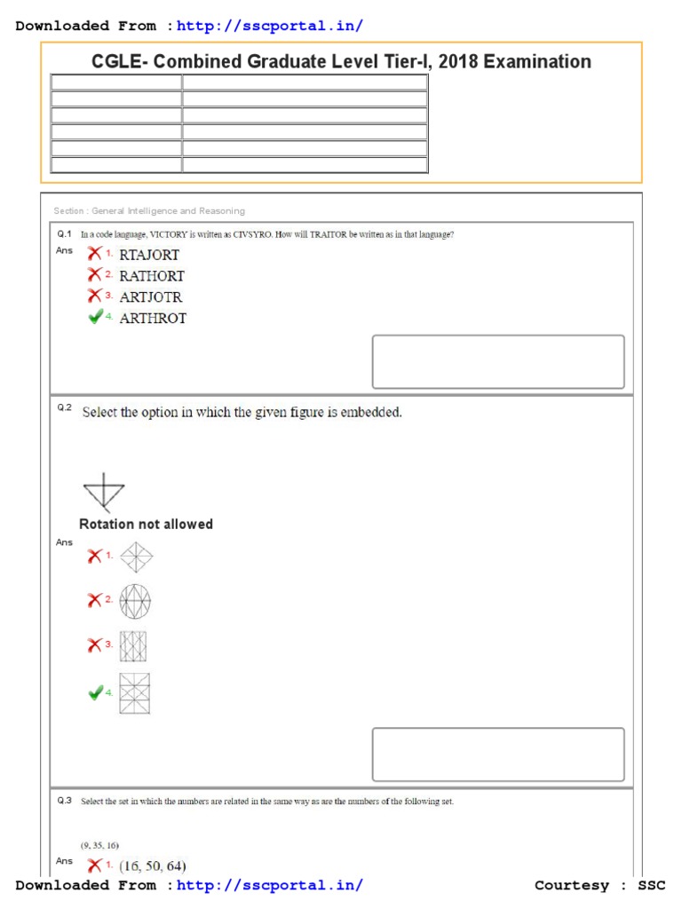 CGLE-Combined Graduate Level Tier-I, 2018 Examination: Downloaded From ...