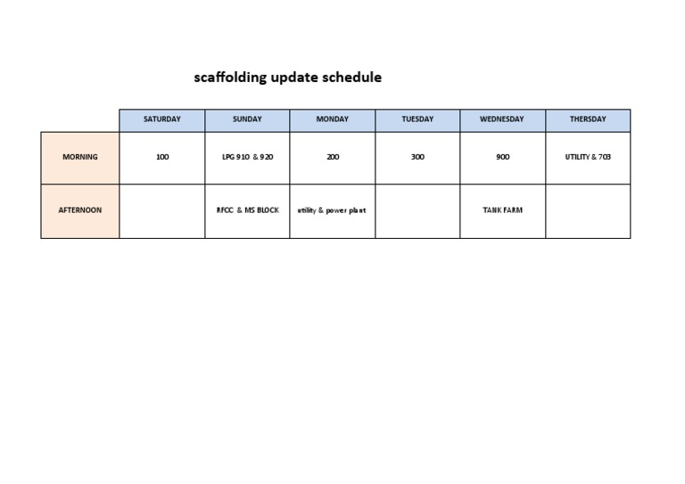 Scaffolding Update Schedule: Saturday Sunday Monday Tuesday Wednesday ...