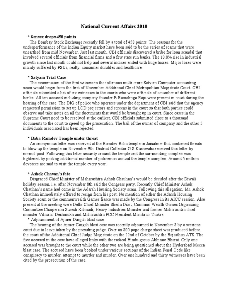 National Current Affairs Highlights 2010 | PDF