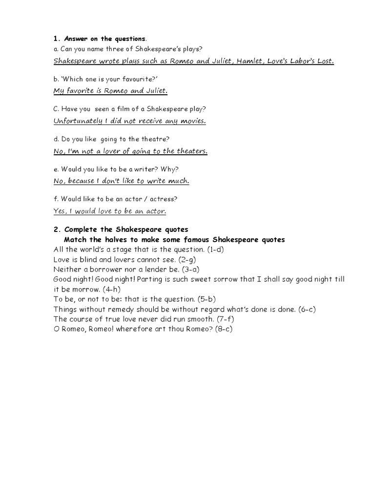 Answer On The Questions.: 2. Complete The Shakespeare Quotes Match The ...